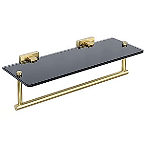 Alise Bathroom Shelves Glass Shelf with Bar,Wall Mount Floating Shelves for Bathroom,1 Tier Tempered Glass Holder Storage Organizer,SUS304 Stainless Steel Gold and Black