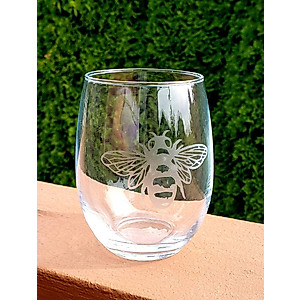 Etched bee wine glass, 15 oz. wine glass, stemless wine glass, honey bee gift, save the bees, bee glass, etched wine glass, nature lover gift, wine gift