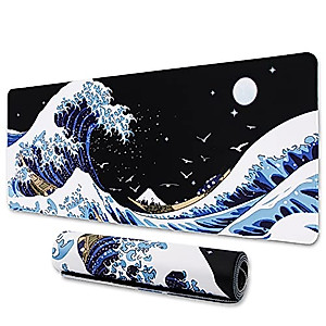 MEWOOCUE Gaming Laptop Mouse Pad, Sea Wave Big Desk Pads PC Keyboard Waterproof and Non-Slip 31.02 x 11.8inches 3mm Thick XL,XXL Rubber Table Mat, Kanagawa Surfing and Black
