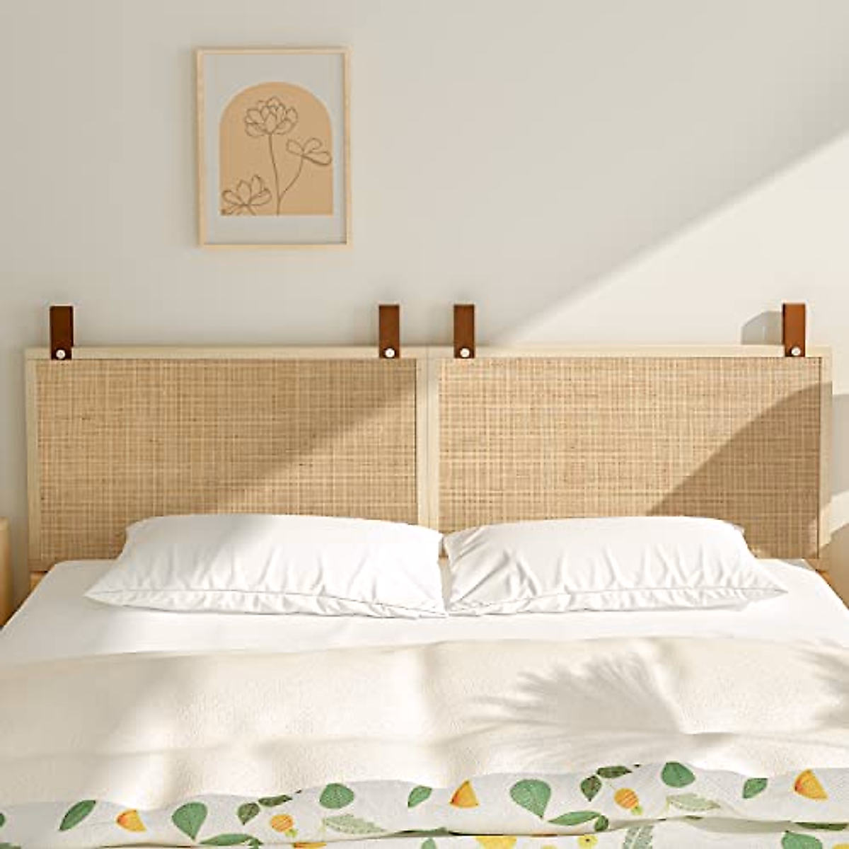 ZeHuoGe Natural Rattan Queen Headboard Decorative Panel with 2 Faux PU Leather Trim Strips, Wall-Mounted Headboard (Queen)