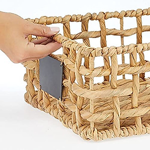 mDesign Water Hyacinth Open Weave Household Basket with Built-in Chalkboard Label for Storage in Bedroom, Bathroom, Office - Hold Clothes, Blankets, Linens, Accessories, 3 Pack - Natural/Tan