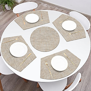 SHACOS Large Size Wedge Shape Placemats with Centerpiece Round Mat Set of 5 Round Table Place Mats Washable Dining Table Placemats Reversible, Beige