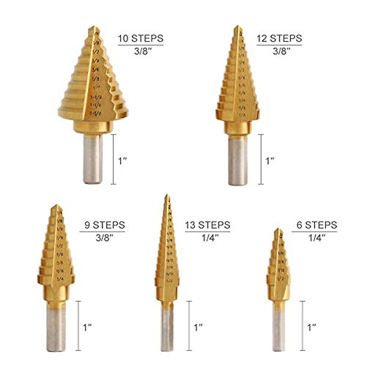 Trepot 5PCS HSS Titanium Step Drill Bit Set & Automatic Center Punch, High Speed Steel Drill Bits, Double Cutting Blades Design, 50 Sizes with Aluminum Case, Short Length Drill Bits Set