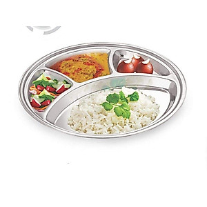 IndiaBigShop Stainless Steel Round Dining Plate 4 Compartment Thali, Dinner plates, Steel Plates, Restaurant Steel Plates, Dinner Partie Plates, Thali - 11.5 Inch - Set of 4