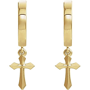 Solid 14k Yellow Gold Cross Crucifix Drop Stud Earrings (20mm x 2.4mm)