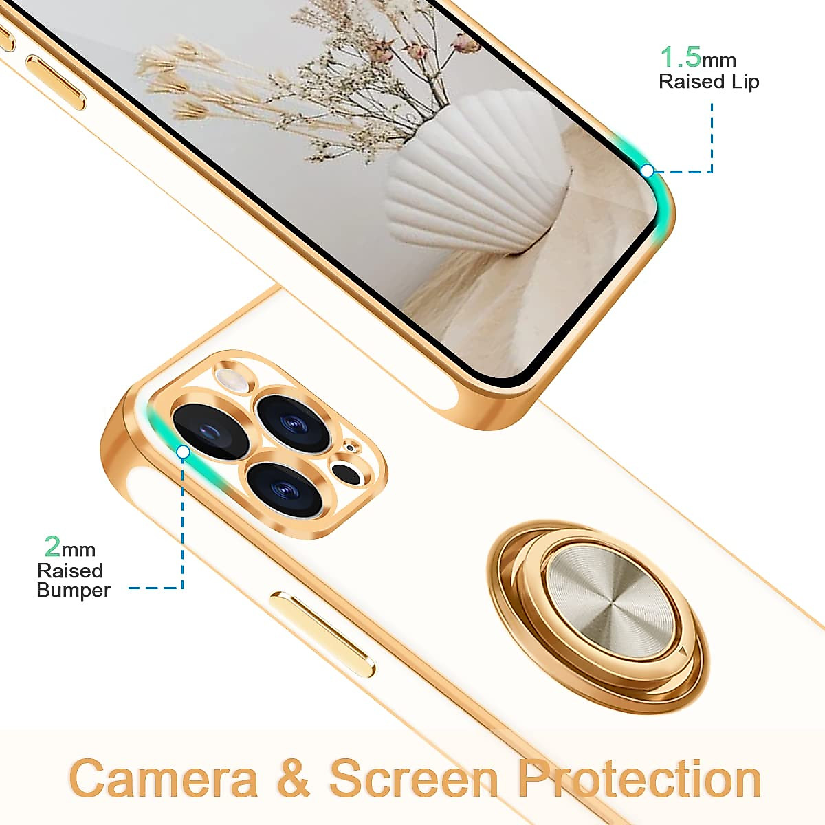 Fingic for iPhone 13 Pro Max Case,for iPhone 13 Pro Max Phone Case with 360°Ring Holder Slim Lightweight Kickstand Magnetic Car Mount for Girls Boys Protective Phone Case for iPhone 13 Pro Max,White
