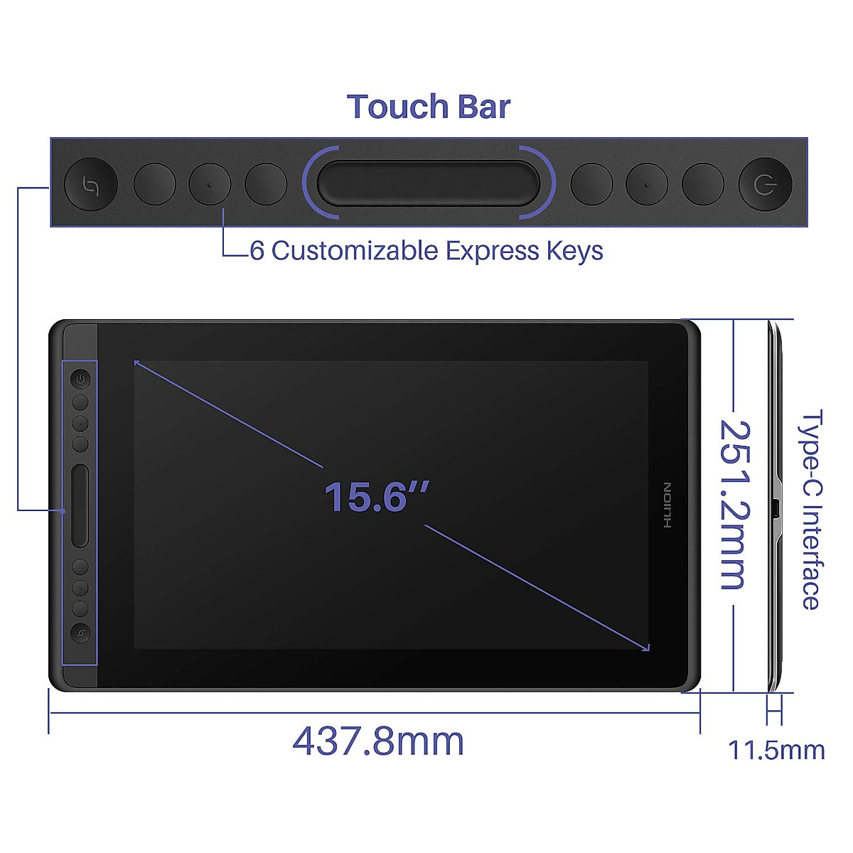 HUION KAMVAS Pro 16 Graphics Drawing Tablet with Screen Full-Laminated Graphics Monitor with Battery-Free Stylus Tilt 8192 Pen Pressure 6 Hot Keys Touch Bar - 15.6inch Graphic Tablet for PC/MAC/Linux