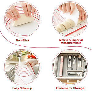 Mixoo Silicone Baking Mat with Wooden Rolling Pin Set - Non-Stick Food Safe Dough Rolling Pastry Mat with a French Rolling Pin and 2 Dough Scrapers for Baking, Fondant, Pie Crust, Pizza, Bread, Cookie