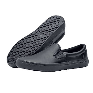 Shoes for Crews Merlin, Slip-On, Men's, Women's, Unisex, Slip Resistant Work Shoes, Black Leather, Men's Size 6.5 Wide, Women's Size 8 Wide