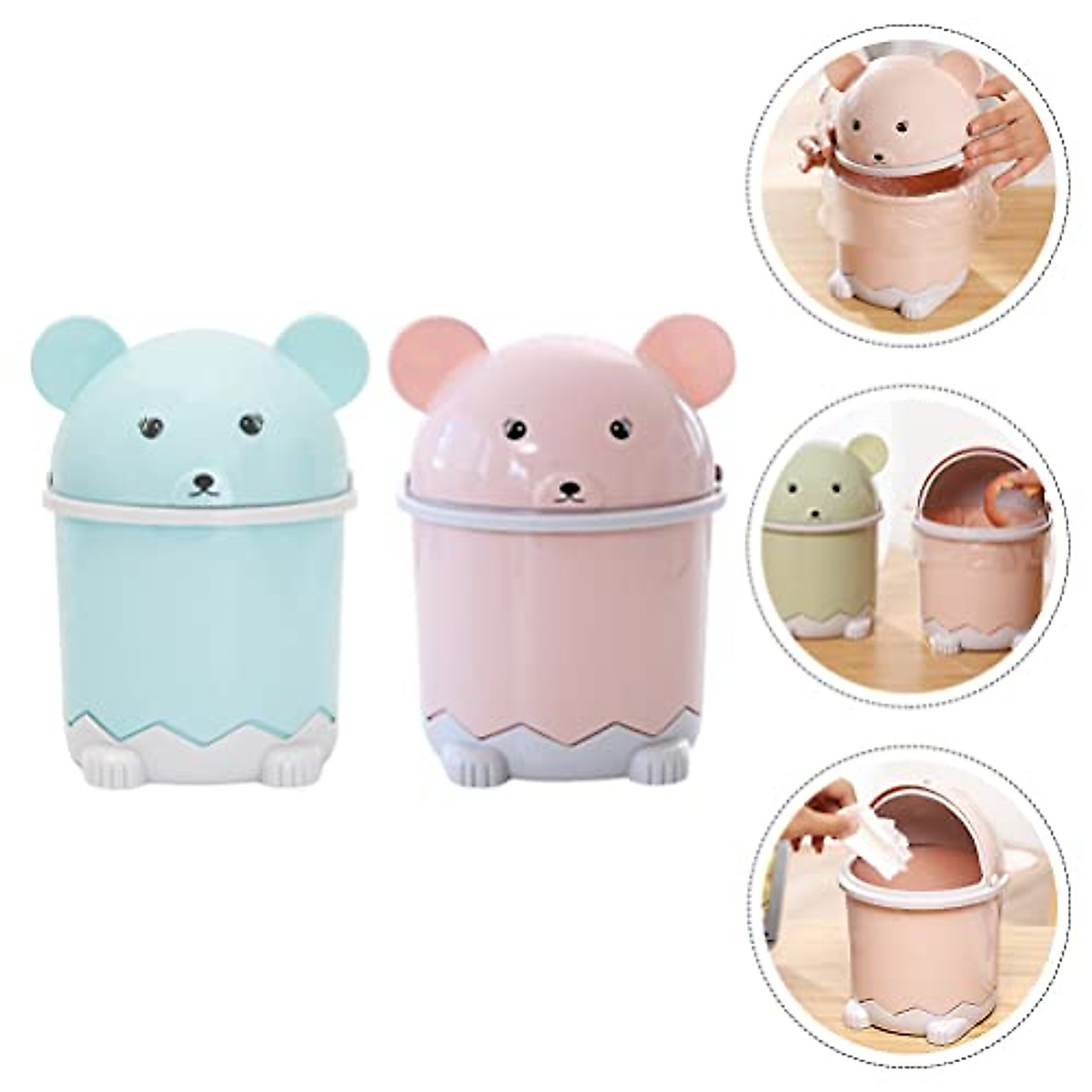 Mini Trash Can with Lid Desktop Cartoon Garbage Bucket Small Garbage Can Tiny Waste Basket Covered Closable Trash Bin for Office Pink Blue 2pcs