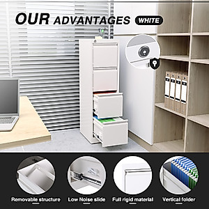 GangMei 4 Drawer Metal Vertical File Cabinet with Lock, Narrow Filing Cabinet with Hanging Letter/Legal/A4 Folders, Locking Steel Filing Cabinet for Home, Office, Assembly Required (White, 4 Drawers)