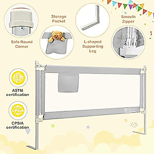 HONEY JOY Bed Rail for Toddlers, 77-in Extra Long, Portable Safety Bed Guardrail w/Side Pocket, Baby Bed Rail Guard, Fit King & Queen Full Twin Size Bed Mattress (77 INCH, Gray)