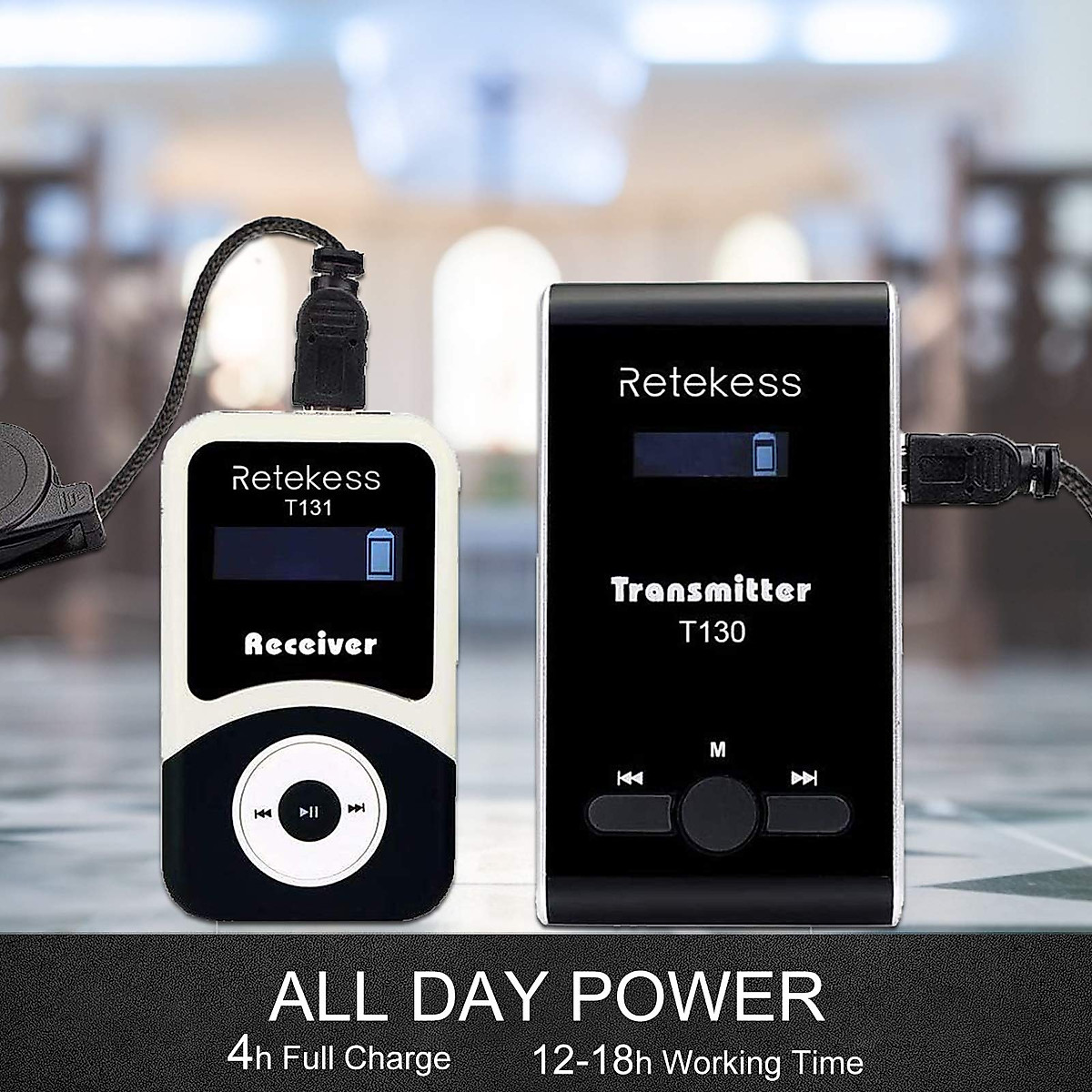 Retekess Case of 2 Transmitter 15 Receivers, T130 Wireless Tour Guide Transmitter with Lavalier Microphone, Simultaneous Interpreting for Training, Teaching, Factory