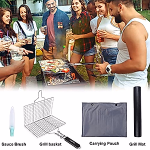 ACMETOP Portable BBQ Grill Basket Stainless Steel Fish Grill Basket with Removable Handle, Grill Accessories for Outdoor Grill Vegetables Fishes Shrimp -【Bonus Grill Mat, Sauce Brush & Carrying Pouch】
