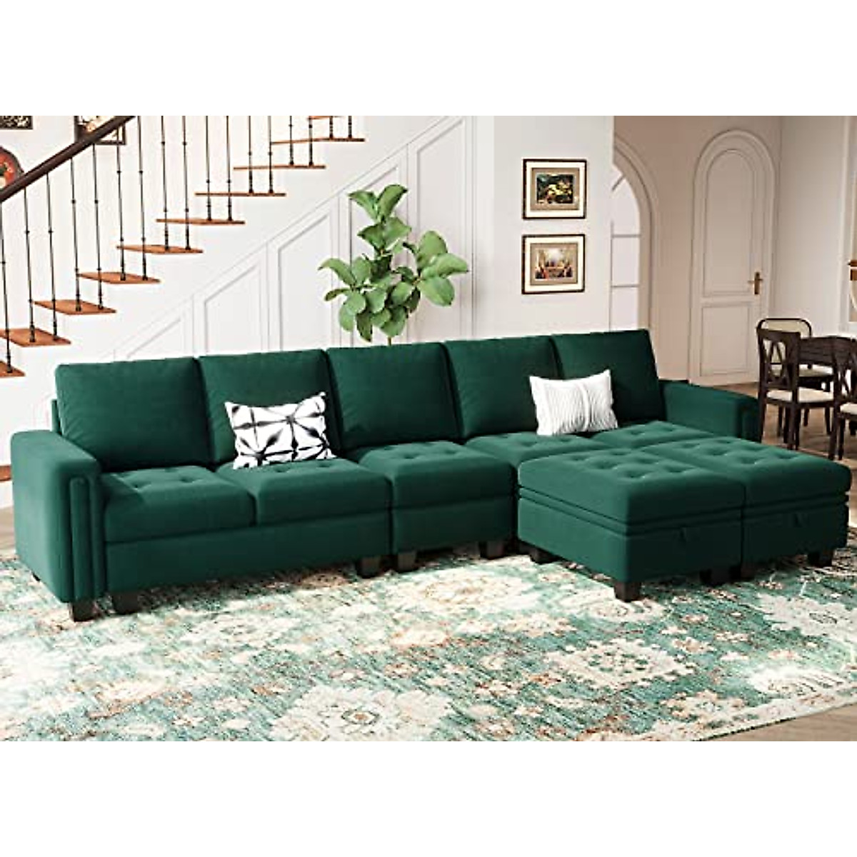 Belffin Large Velvet L Shaped Sectional Sofa Couch with Reversible Double Chaises Modular Sectional Sofa Couch with Storage Ottomans Convertible Sectional Sofa Green