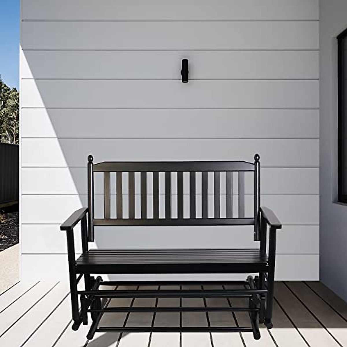 LUCKYERMORE Patio Glider Swing Bench 2-Person Garden Rocking Seating for Outdoor, Wooden Porch Loveseat Chair for Outside, Backyard, Poolside, Garden, Black