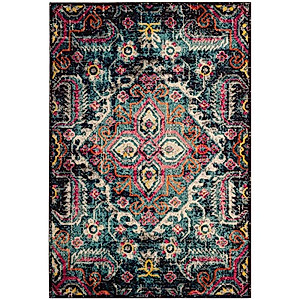 SAFAVIEH Monaco Collection 8' x 10' Blue / Fuchsia MNC252J Boho Chic Medallion Distressed Non-Shedding Living Room Bedroom Dining Home Office Area Rug