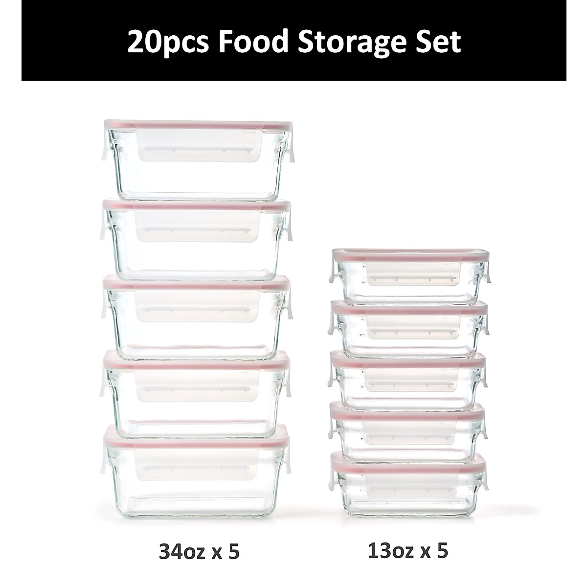 GLASSLOCK 10 pack Glass Meal Prep set (13oz & 34oz) - 100% Airtight & Leakproof, Dishwasher Safe, BPA Free lids, Freezer to Oven Safe, Lunch Bento Box, Pantry & Kitchen Storage