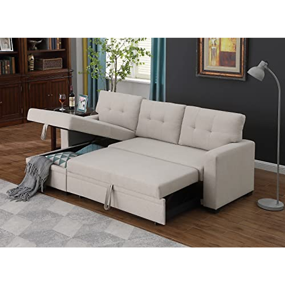ACQCA 82" L-Shape Sleeper Sectional Sofa with Storage Chaise and Pull-Out Bed,Convertible Couch for Living Room,Apartment,Office,Beige