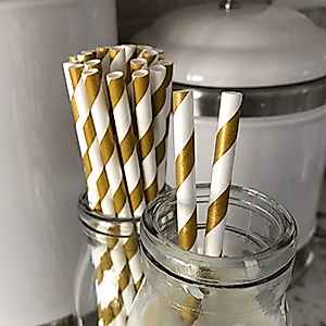 Outside the Box Papers Gold and Pink Stripe and Chevron Paper Straws 7.75 Inches 100 Pack Gold, Pink, White