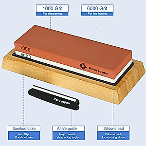 Kota Japan 1000-grit Coarse Side and 6000-grit Polishing Side Knife Sharpening Whetstone with Bamboo Base and Blade Guide