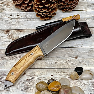 Golden Horn Expert in Handcraft Hunting Knife Camping Knife with Personalized Wood Handle and Leather Sheath for Gift Olive Handle Bohler N690 Bushcraft Knife