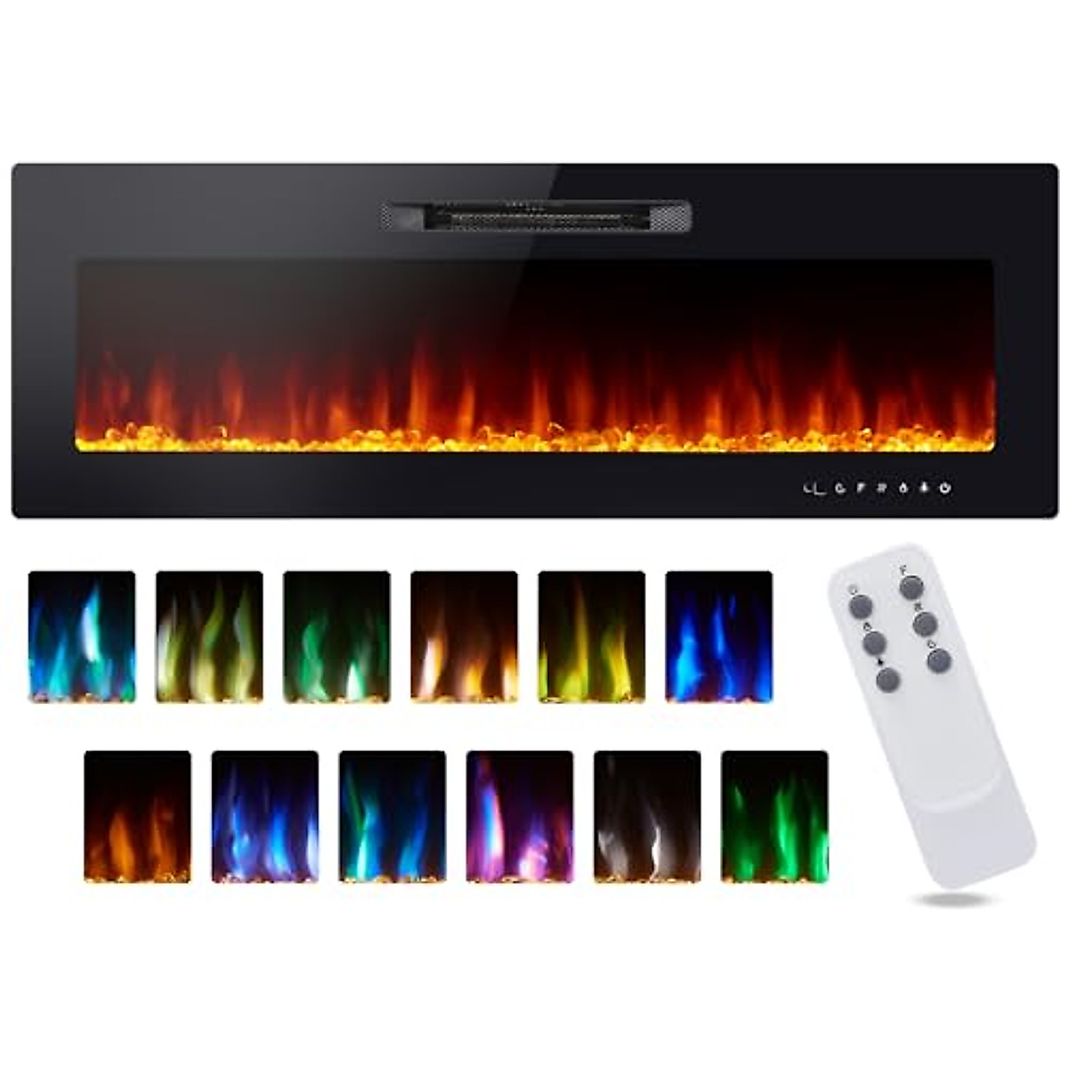 BETELNUT 50" Electric Fireplace Wall Mounted and Recessed w/144 Combination Colors & 5 Brightness,750/1500W Fireplace Heater w/Timer,Low Noise,Remote Control & Touch Screen,Log Set & Crystal Option