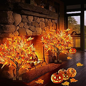 FastDeng 1.5ft Lighted Maple Tree, Artificial Fall Maple Tree with 36 LED Lights, 72 Leaves,6 Acorns, Autumn Tabletop Tree with Burlap Base for Indoor Fall Harvest, Thanksgiving Decorations (2Pack)