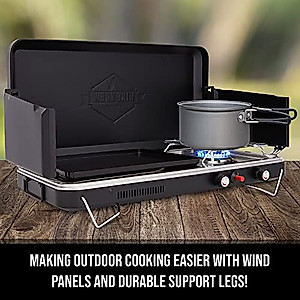 Hike Crew 2-in-1 Gas Camping Stove | Portable Propane Grill/Stove Burner w/Integrated Igniter & Stainless Steel Drip Tray | Built-in Carrying Handle, Foldable Legs & Wind Panels | Includes Regulator