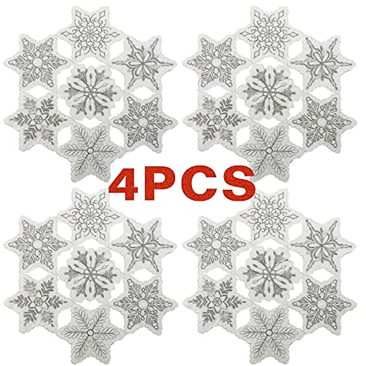 OWENIE Christmas Placemats Set of 4, Metallic Embroidered Cutwork Silver Snowflakes Round Placemats for Dinging Table, Luxury Holiday Tabletop Collections, Winter Table Mats (4pcs, 15 inches Round)
