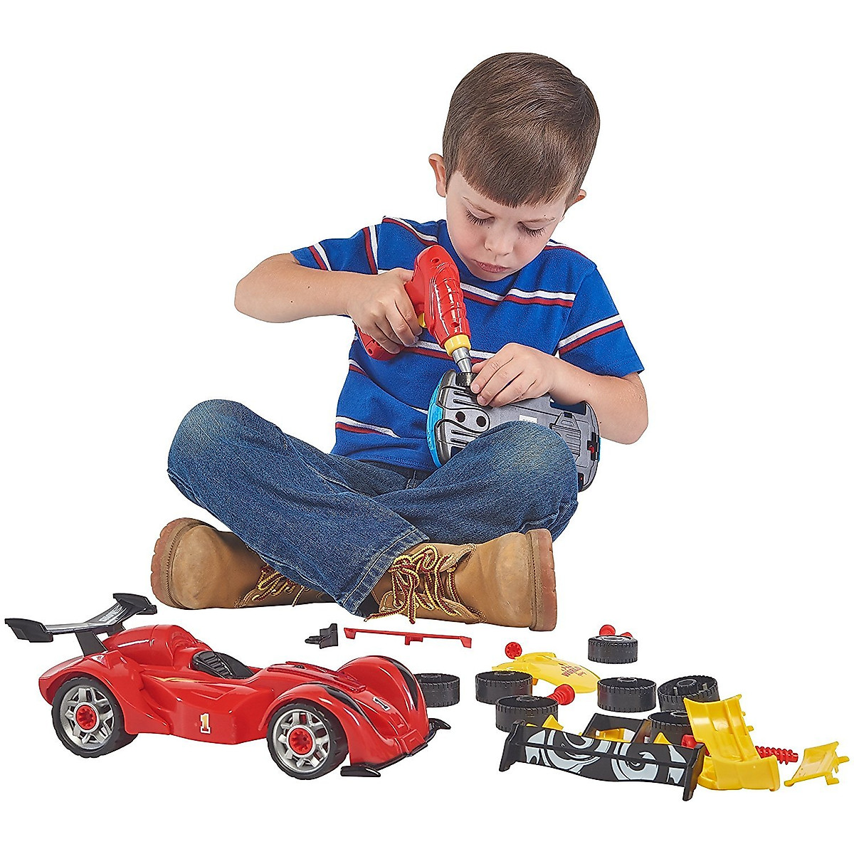 PREXTEX 53 Piece Build Your Own Racer Car Set STEM take Apart Toys for Boys with Real Working Drill and Screws 53 Piece Take-A-Part Toy for Boys and Girls with Lights and Sounds