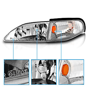 AmeriLite Chrome Replacement Headlights Corner Turn Signal Set For 94-98 Ford Mustang - Passenger and Driver Side