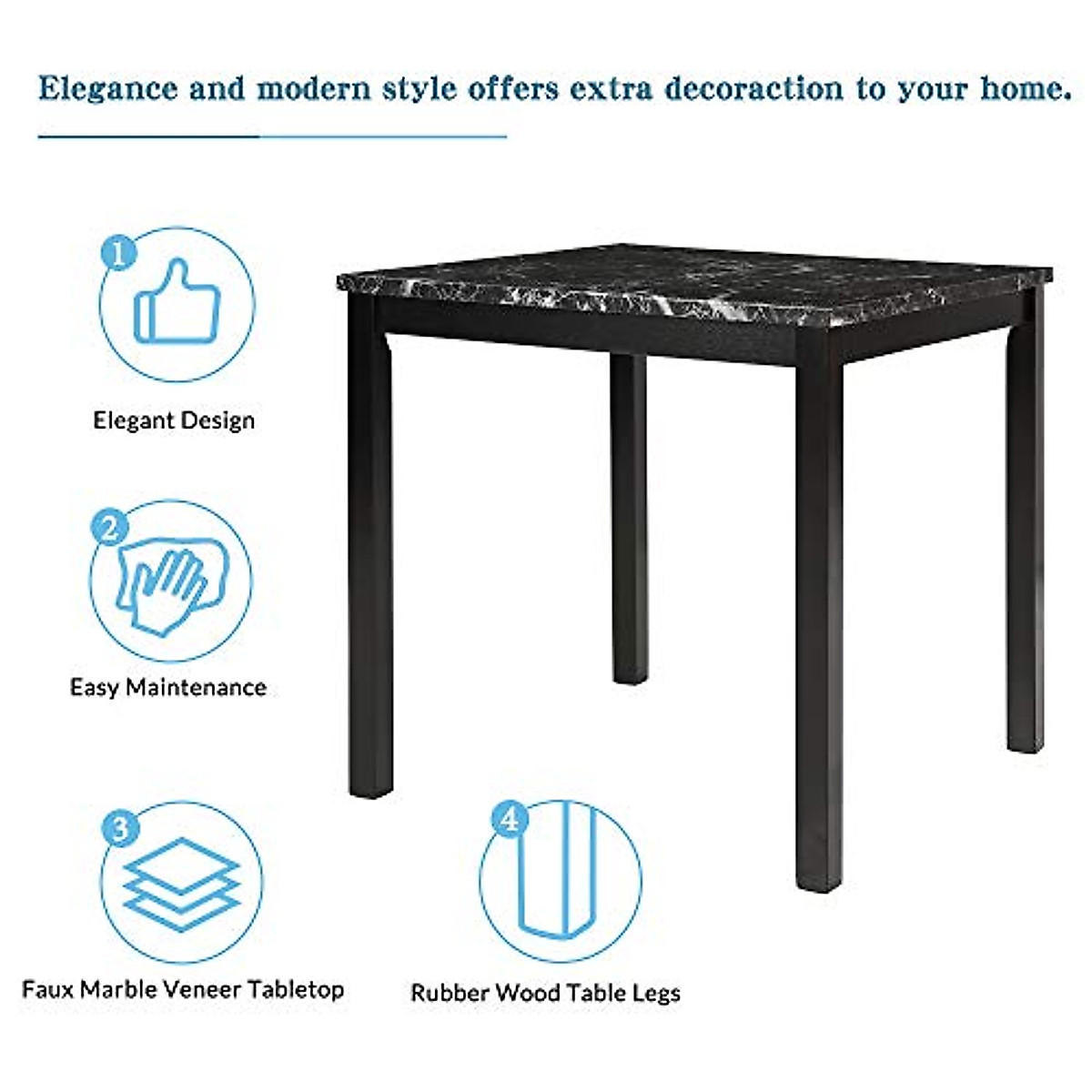 5-Piece Dining Table Set, Counter Height Kitchen Table Set, Faux Marble Top Dining Table with 4 Black Upholstered Chairs, Black