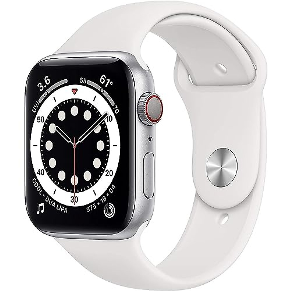 Apple Watch Series 6 (GPS + Cellular, 44mm) - Silver Aluminum Case with White Sport Band (Renewed)