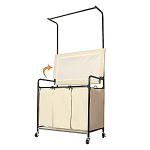 Rolling Laundry Sorter Cart with Wheels Heavy-Duty Laundry Hamper Sorter Cart with Ironing Board，3 Removable Bags, and Attached Steel Hanging Bar (Beige)