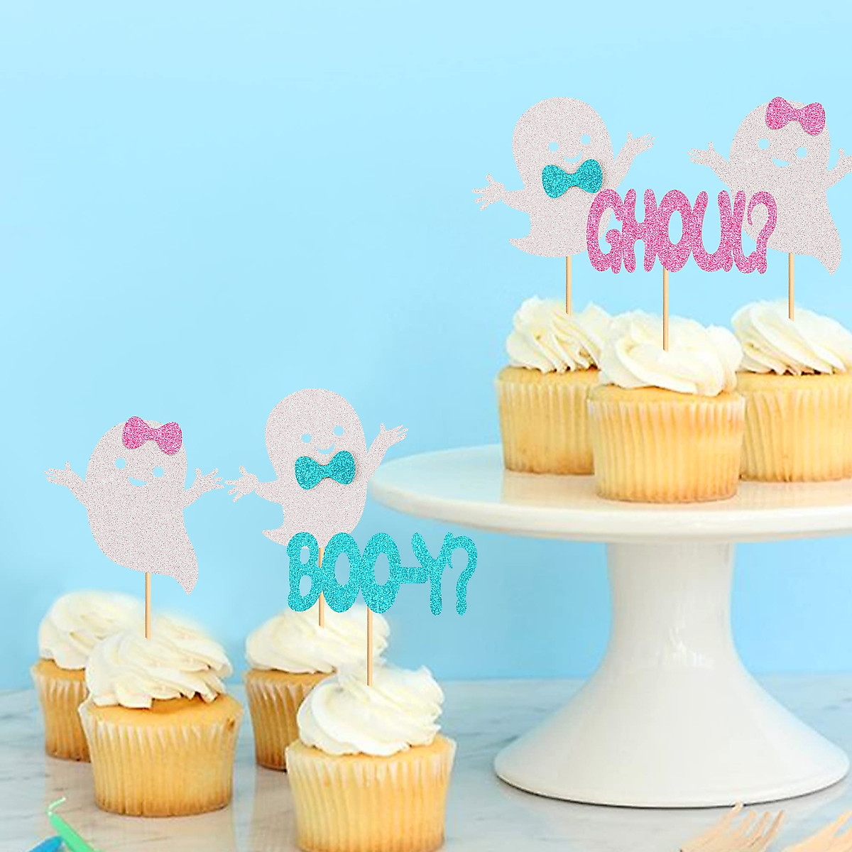 Ercadio 24 Pack Boo-y or Ghoul Cupcake Toppers Glitter Halloween Ghost Cupcake Picks Boy or Girl Cupcake Toppers Baby Shower Birthday Halloween Themed Gender Reveal Cake Decorations Supplies