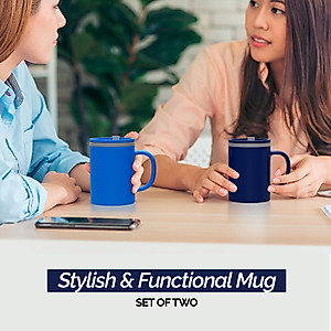 Copco Iconic 16oz Double Wall Insulated Desk Mug with Lid and Handle, Set of 2, BPA-Free Reusable Plastic, Spill-Proof, Microwave & Dishwasher Safe, Wide Mouth, Cup Holder Friendly (Navy/Blue)