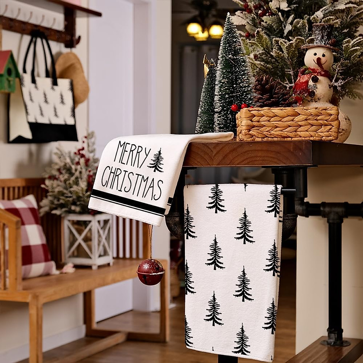 ARKENY Christmas Kitchen Towels Set of 2,Black Xmas Tree Dish Towels 18x26 Inch,Hoilday Farmhouse Home Decoration AD101