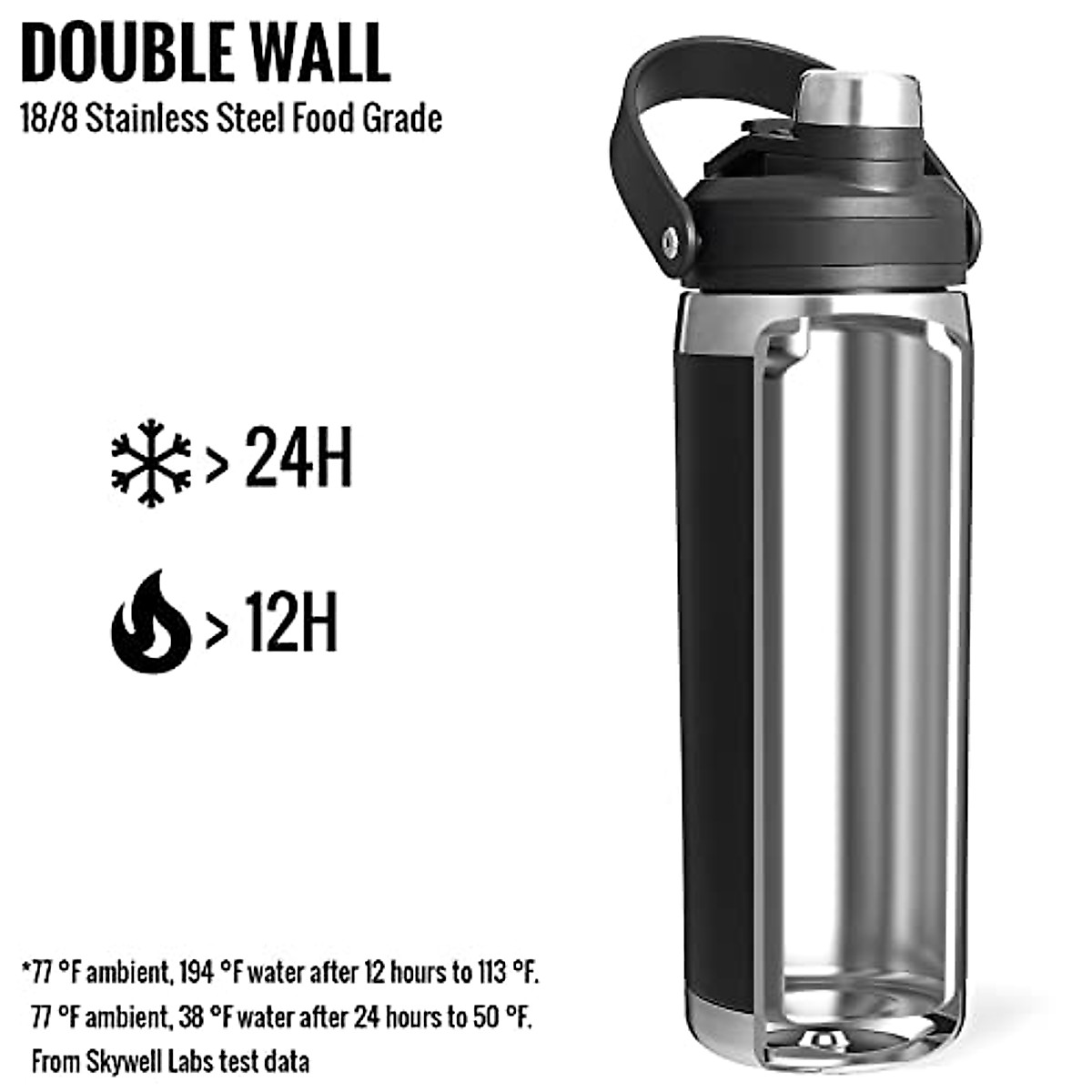 SkyWell 24oz Stainless Steel Water Bottle with 3 in 1 Lid, BPA-Free Leak-Proof Wide Mouth Vacuum-Insulated Water Flask with Straw and Handle Sweat-Proof for Outdoor and Travel, Black