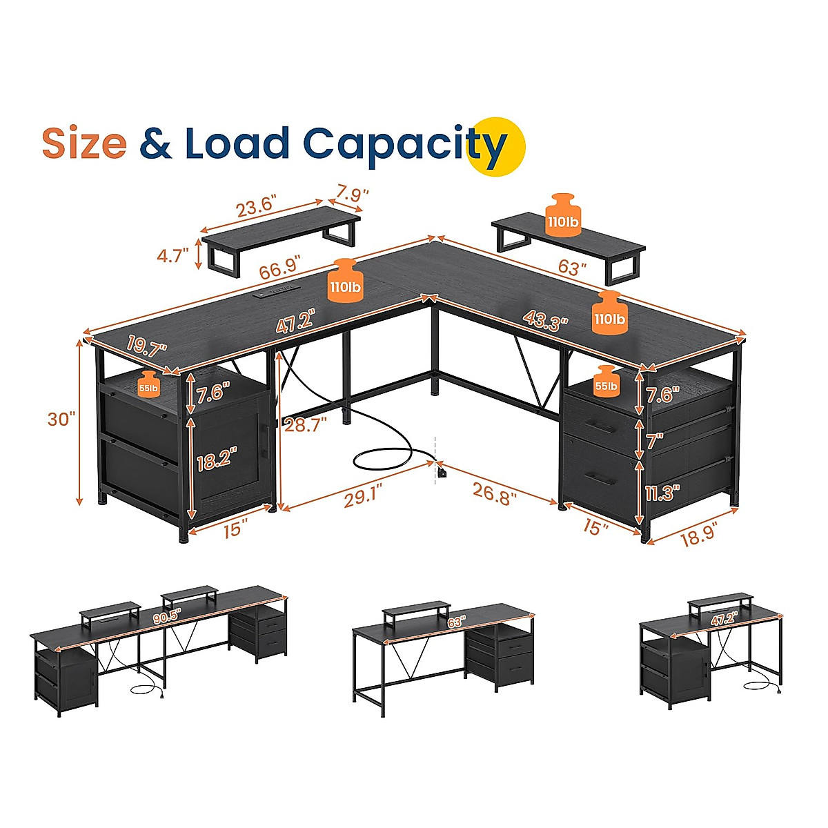 UPOSOJA 67in L Shaped Computer Desk with Power Outlets, 90.5in Long Home Office Desks with 2 Monitor Stands, 2PC Small Corner Table, Storage Cabinet Rack Drawers(Black)