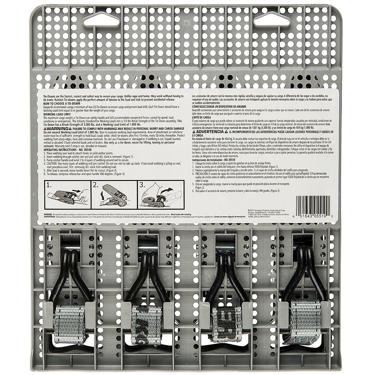 HAMPTON PROD Keeper – 1” x 12' High Tension Ratchet Tie-Down with Double J-Hooks, 4 Pack - 1,000 lbs. Working Load Limit and 3,000 lbs. Break Strength