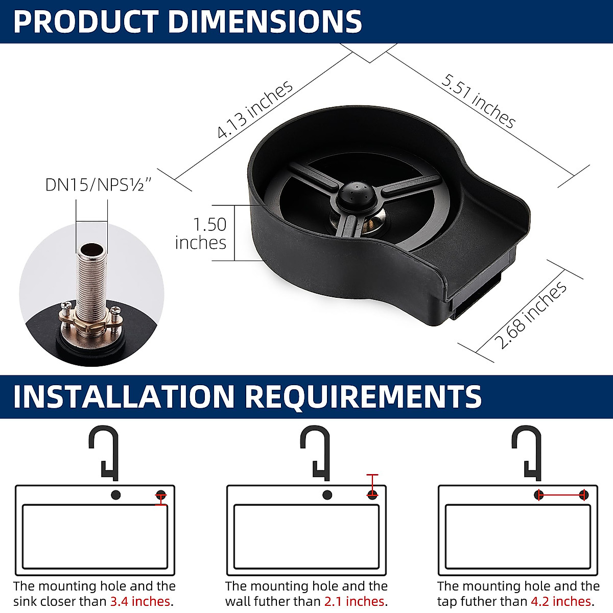 ZHIBAI Cup Washser for Sink Stainless Steel, Upgraded 10 360° High Pressure Jets Glass Rinser, Bottle Rinser for Rinse the Rim, Kitchen Sink Accessories, Black