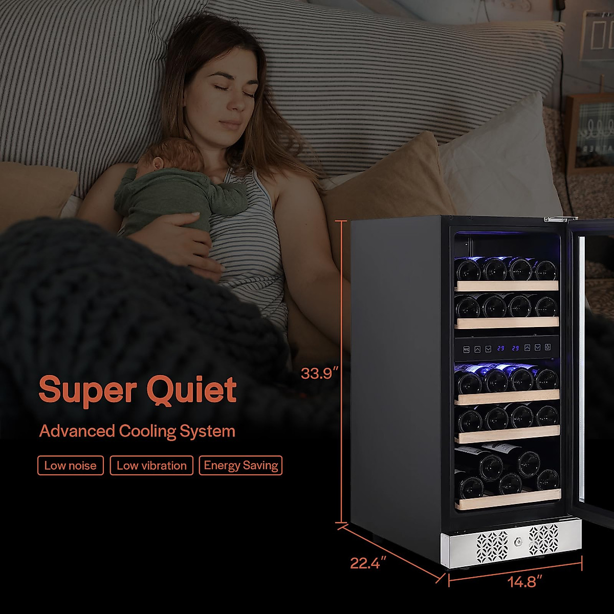 Empava Chiller 15 inch Mini Double Fridge Built in or Freestanding Wine Cooler Stainless Steel Glass Door Quiet Operation Compressor Adjust Temperature, 29 Bottles Dual Zone, Silver