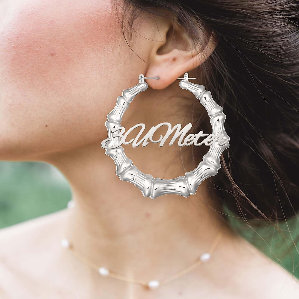 3UMeter Custom Bamboo Hoop Earrings for Women Silver Plated Custom Name Earrings Personalized for Women as a Jewelry Gift