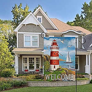 Covido Home Decorative Welcome Spring Summer Lighthouse Garden Flag, Coastal Seagull Birds Yard Beach Nautical Sailboat Outside Decoration, Ocean Outdoor Small Burlap Decor Double Sided 12 x 18