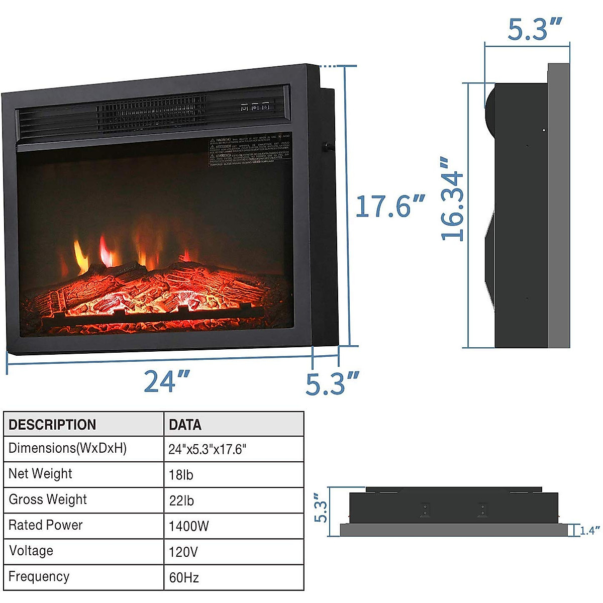 PatioFestival 24 Inch Electric Fireplace Insert 1400W Embedded&Freestanding Realistic Log Flame Effect Heater with Remote Control, 3 Adjustable Flame, Overheating Protection