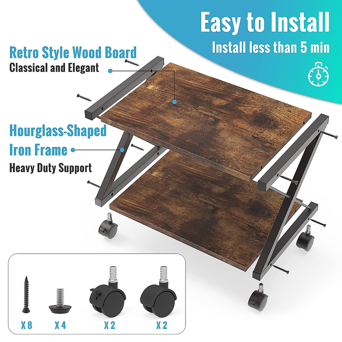 MaxGear Under Desk Printer Stand, 2 Tier Printer Rolling Cart with 4 Wheels, Wood Desktop Printer Table with Anti-Skid Pads, Home Printer Shelf for Office Fax Machine, Scanner, Books, Rustic Brown