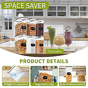 Skroam Cereal Containers Storage of 6 [4L/135.2 oz], Airtight Food Storage Containers with Pour Spout for Kitchen & Pantry Organization Storage, Plastic Cereal Dispensers, Measuring Cup & 20 Labels