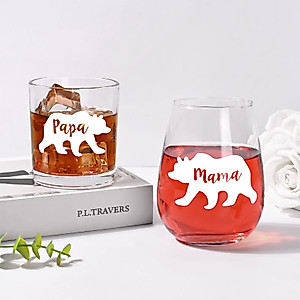Modwnfy Mama Bear Papa Bear Whiskey ＆ Wine Glass Couples Set, New Parents Gifts, Pregnancy Announcement, New Mom ＆ New Dad Gifts, Gifts for Couples, Valentines Birthday Anniversary Baby Shower