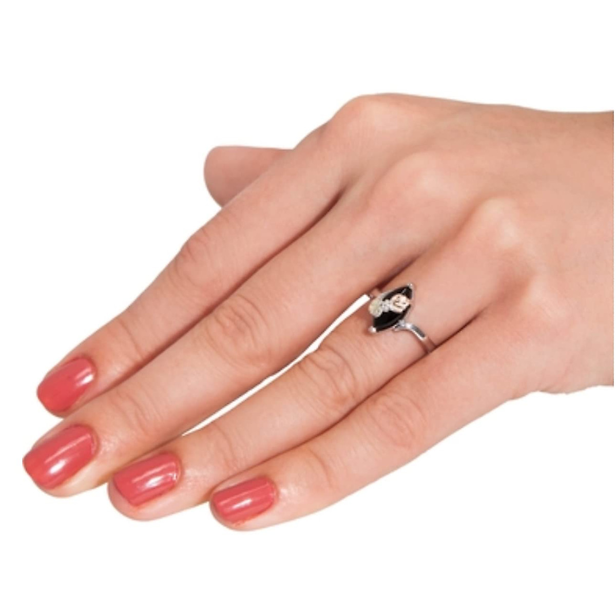 Slim-Profile Marquise Onyx Bypass Ring, Sterling Silver, 12k Green and Rose Gold Black Hills Gold Motif, Size 9.5